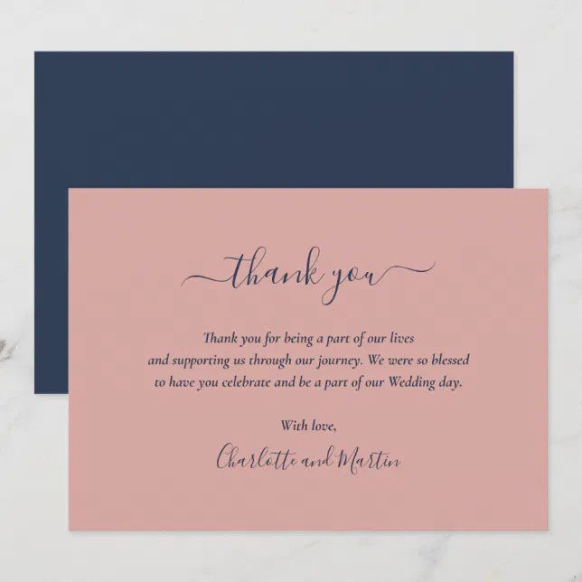 Elegant Script Navy Blue and Blush Thank You Card | Zazzle