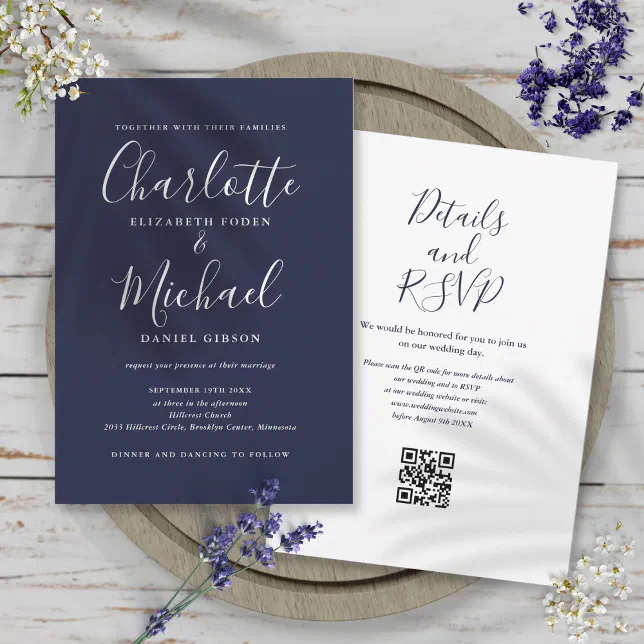 Elegant Script Navy Blue QR Code Wedding Invitation | Zazzle
