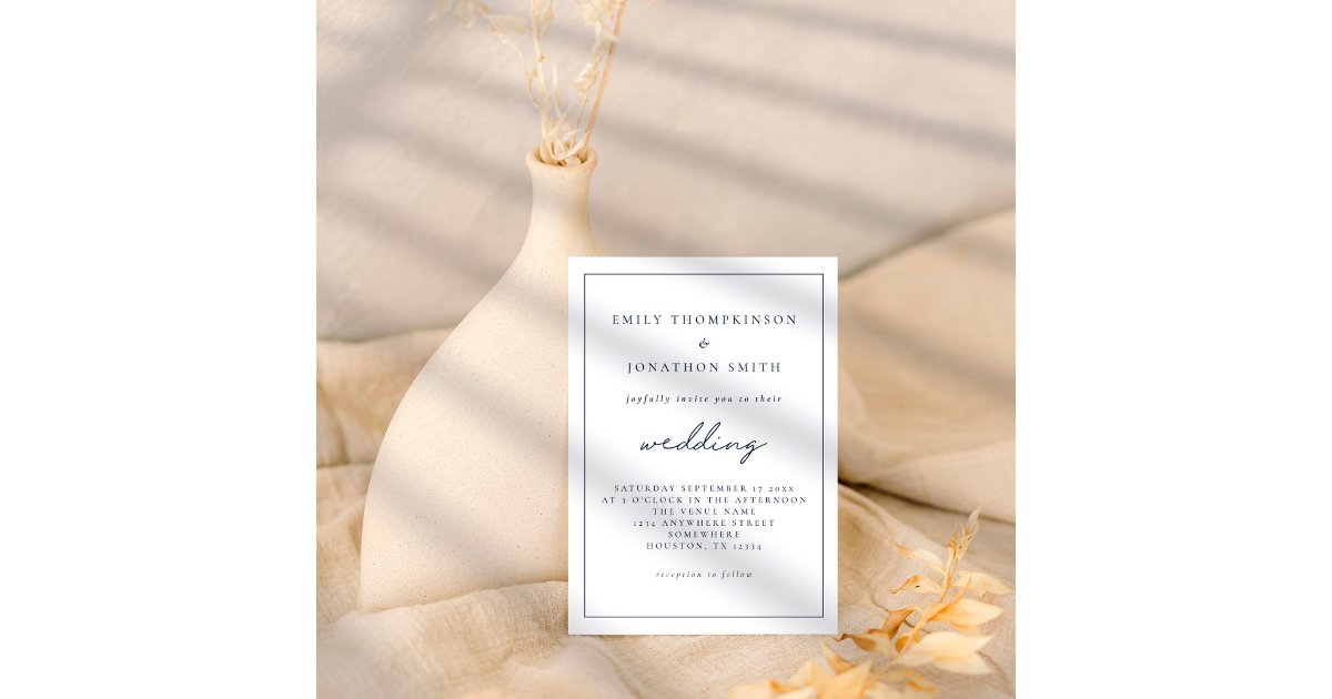 Elegant Script Navy Blue Text Wedding Invitation | Zazzle