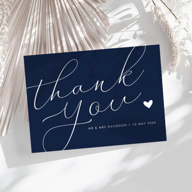 elegant script navy blue wedding thank you card | Zazzle
