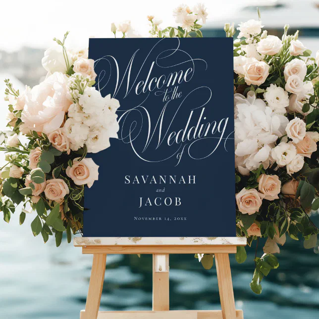 Elegant Script Navy Blue Wedding Welcome Sign | Zazzle