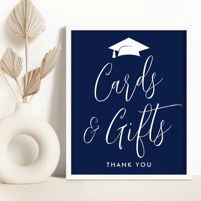 Elegant Script Navy Graduation Cards and Gifts Poster | Zazzle