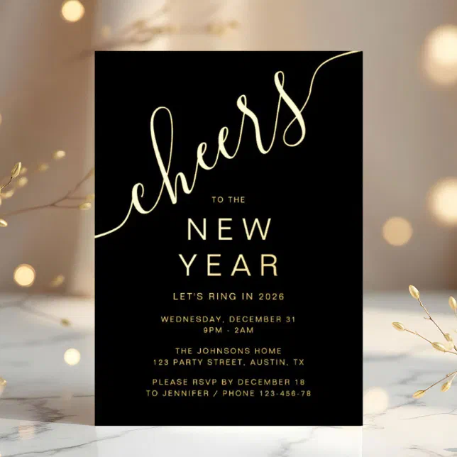 Elegant Script New Year Party Gold Foil Invitation | Zazzle