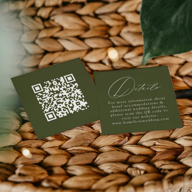 Elegant Script Olive Green QR Code Wedding Details Enclosure Card | Zazzle