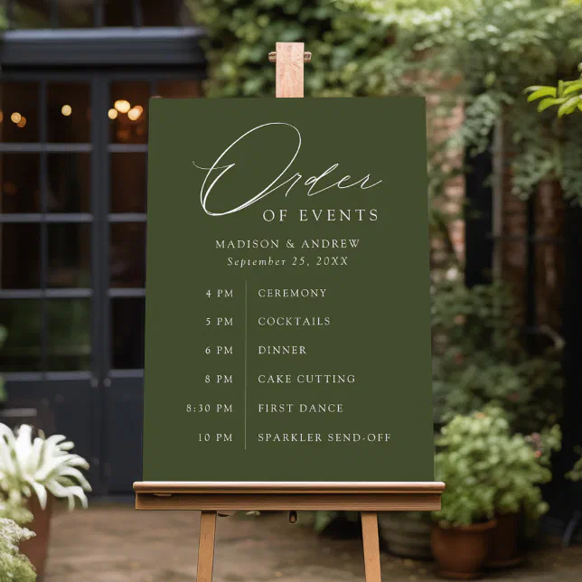 Elegant Script Olive Green Wedding Order of Events Foam Board | Zazzle