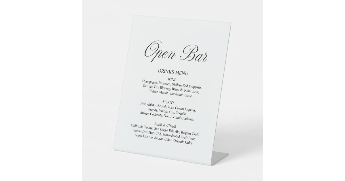 Elegant Script Open Bar Formal White Wedding Pedestal Sign | Zazzle