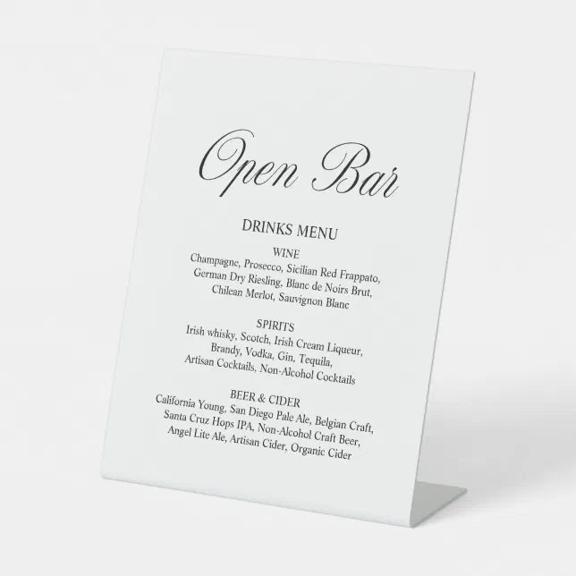 Elegant Script Open Bar Formal White Wedding Pedestal Sign | Zazzle