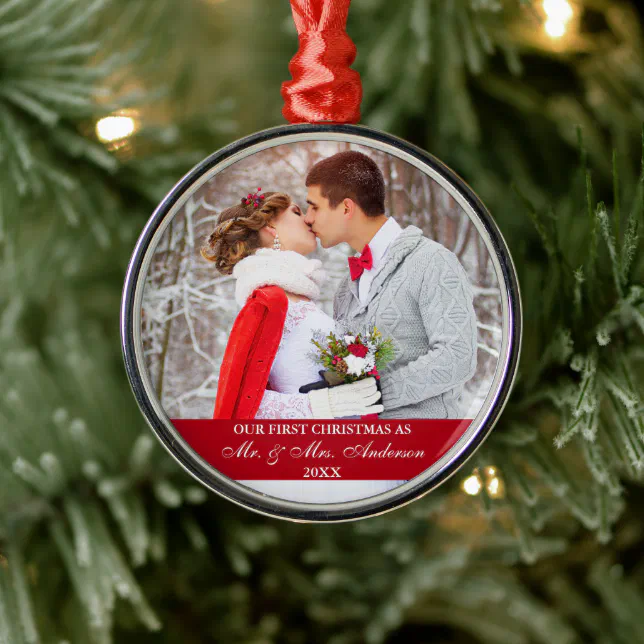 Elegant Script Our First Christmas Red Metal Ornament | Zazzle