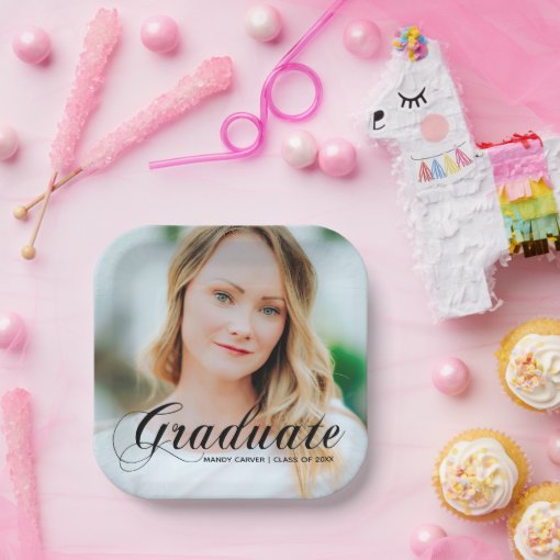 Elegant Script Overlay 2024 Graduate Photo Party Paper Plates | Zazzle