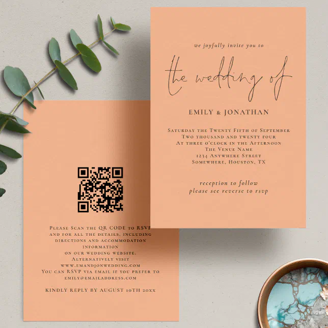 Elegant Script Peach QR Code Wedding Invitation | Zazzle