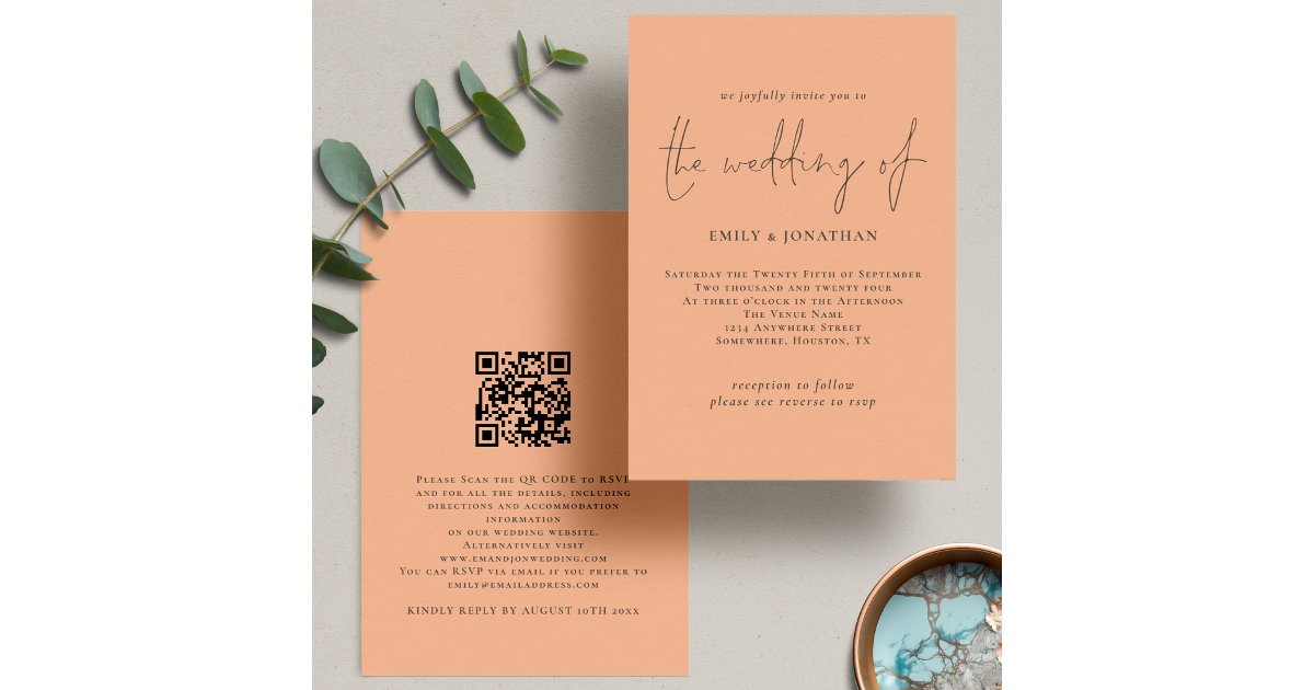 Elegant Script Peach QR Code Wedding Invitation | Zazzle