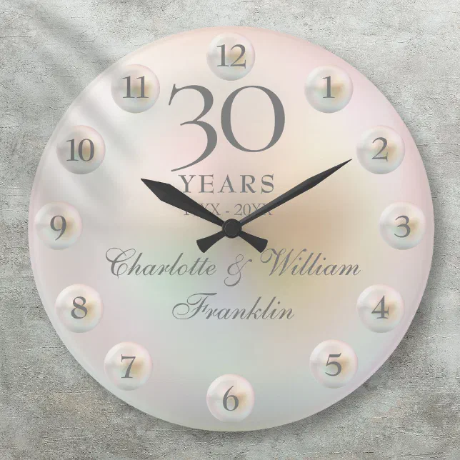Elegant Script Pearl 30th Wedding Anniversary Large Clock | Zazzle