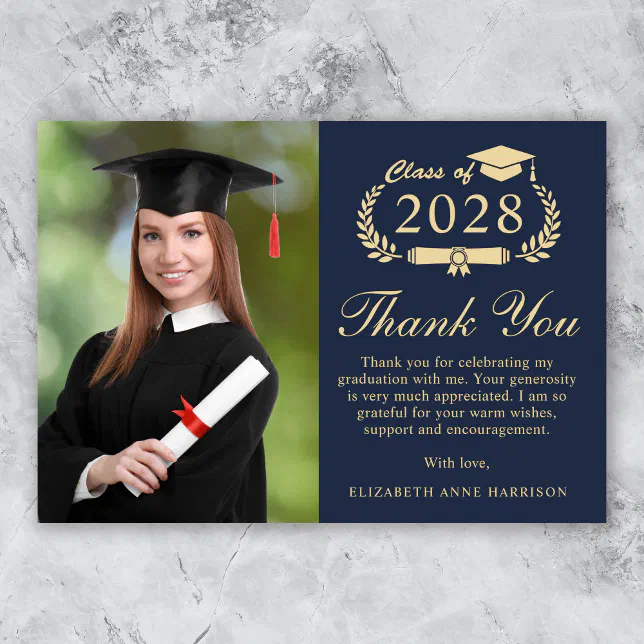 Elegant Script Photo Blue Gold Graduation Thank You Card | Zazzle