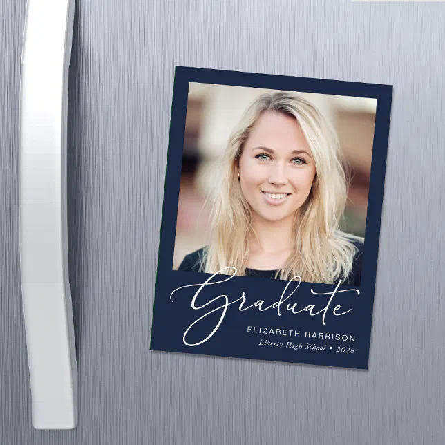 Elegant Script Photo Blue Graduation Magnetic Invitation | Zazzle