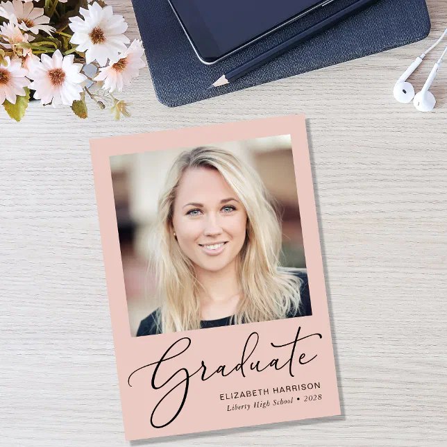 Elegant Script Photo Blush Pink Graduation Announcement | Zazzle