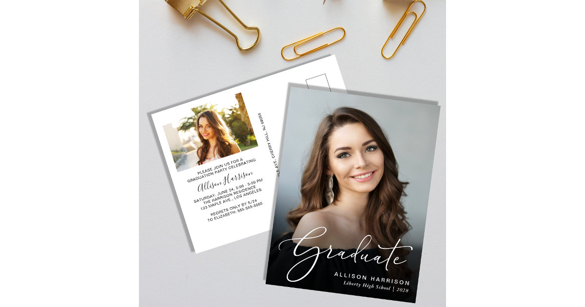 Elegant Script Photo Graduation Party Invitation Postcard | Zazzle