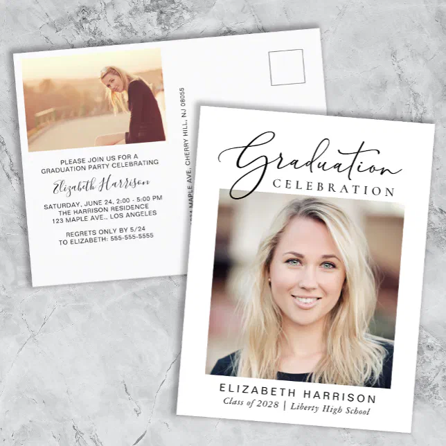 Elegant Script Photo Graduation Party Invitation Postcard | Zazzle