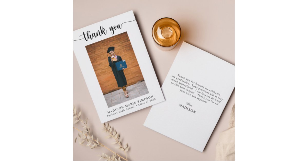 Elegant Script Photo Graduation Thank You Card | Zazzle