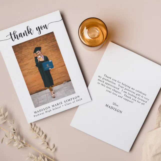 Elegant Script Photo Graduation Thank You Card | Zazzle