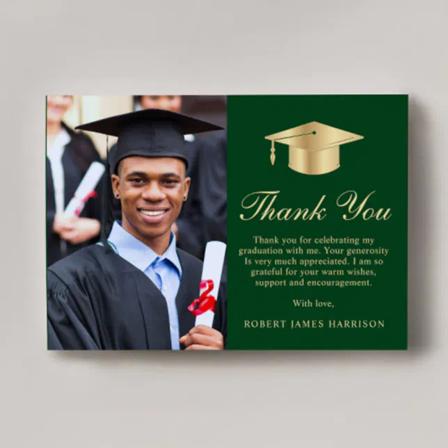 Elegant Script Photo Green Gold Graduation Thank You Card | Zazzle