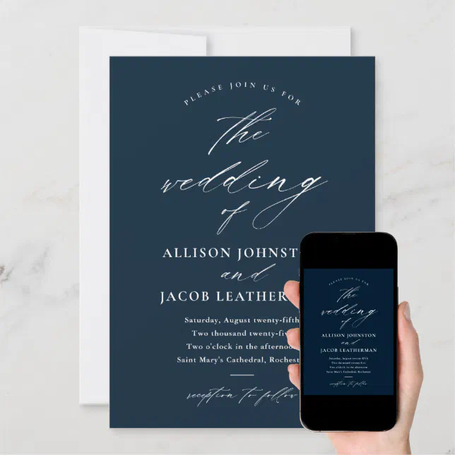 Elegant Script Photo Navy Blue Wedding Invitation | Zazzle