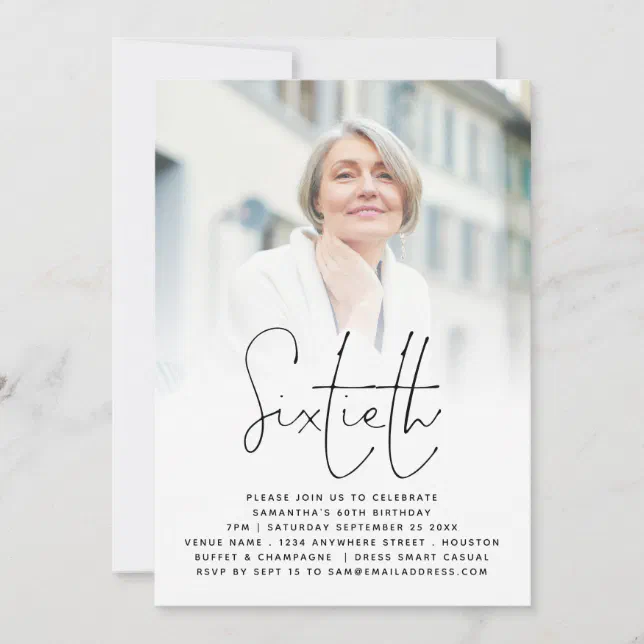 Elegant Script Photo Overlay 60th Birthday Invitation | Zazzle