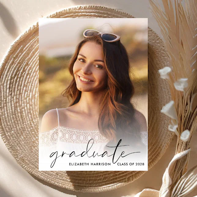 Elegant Script Photo Overlay Graduation Announcement | Zazzle