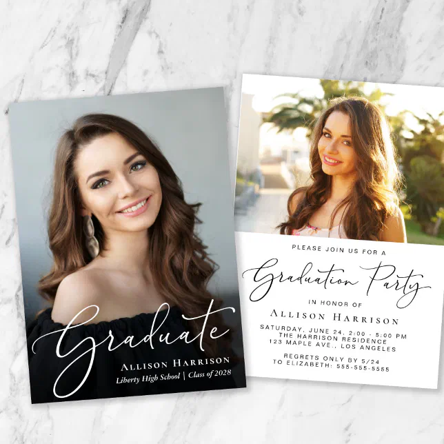 Elegant Script Photo Overlay Graduation Party Invitation | Zazzle