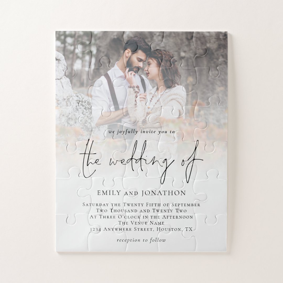 Elegant Script Photo Overlay Wedding Invitation Jigsaw Puzzle | Zazzle