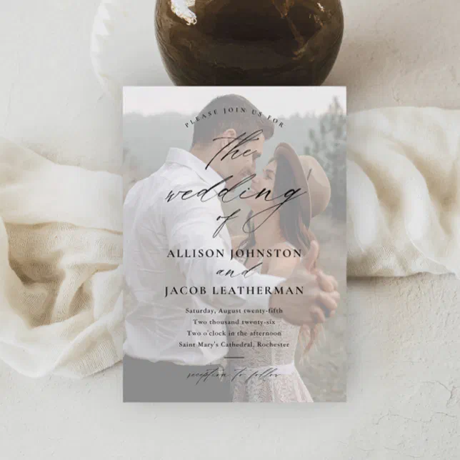 Elegant Script Photo Overlay Wedding Magnetic Invitation | Zazzle