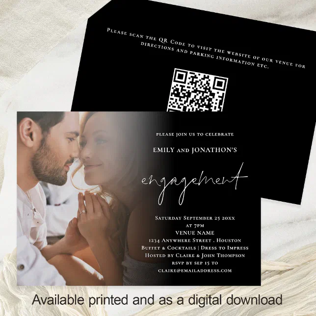 Elegant Script Photo QR Code Engagement Black Invitation | Zazzle