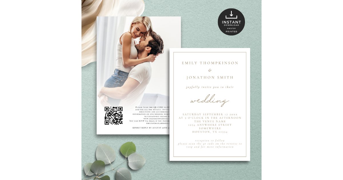 Elegant Script Photo QR Code Wedding Invitation | Zazzle