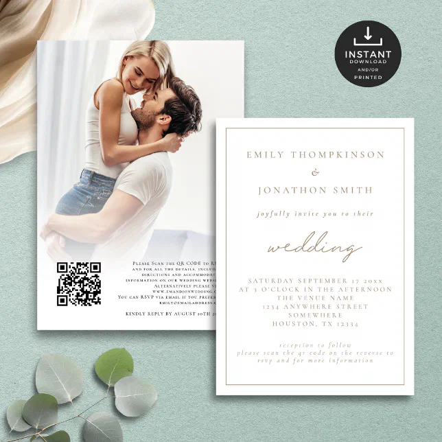 Elegant Script Photo QR Code Wedding Invitation | Zazzle