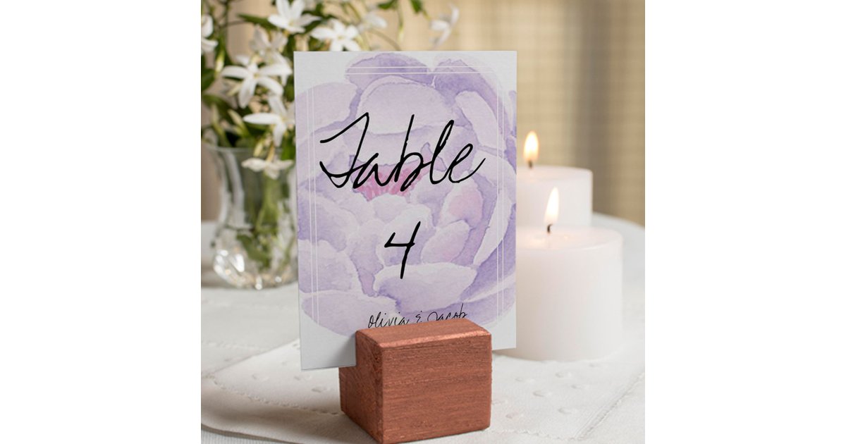 Elegant Script Purple Flower Wedding Table Card | Zazzle
