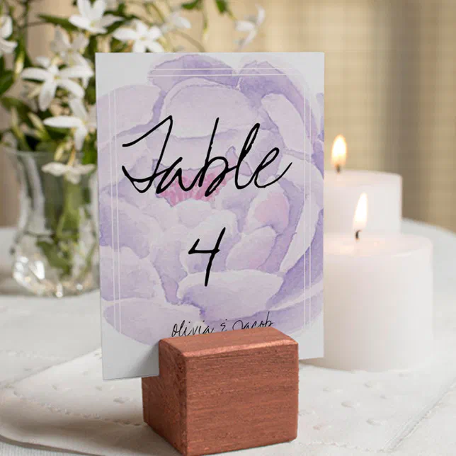 Elegant Script Purple Flower Wedding Table Card | Zazzle