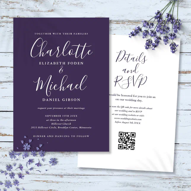 Elegant Script Purple Modern QR Code Wedding Invitation | Zazzle