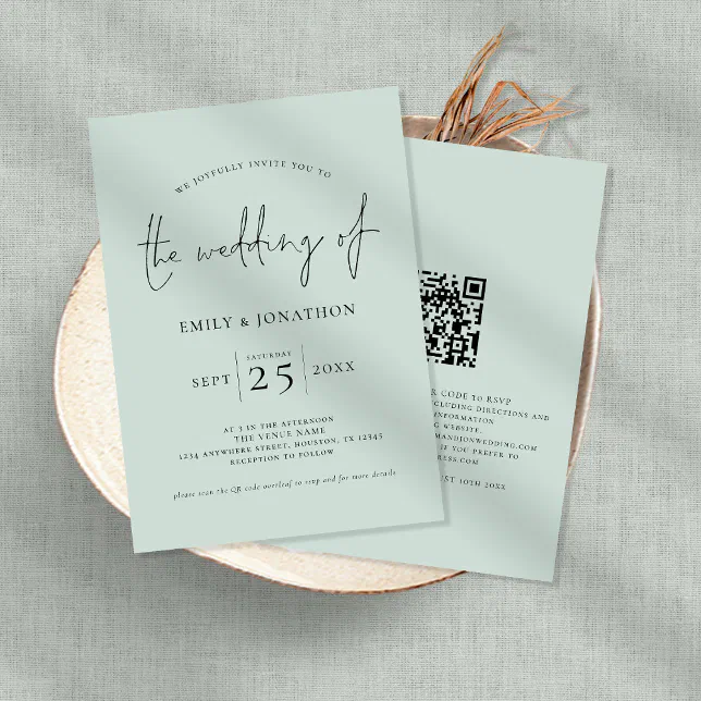 Elegant Script QR Code Mint Green Wedding Invitation | Zazzle
