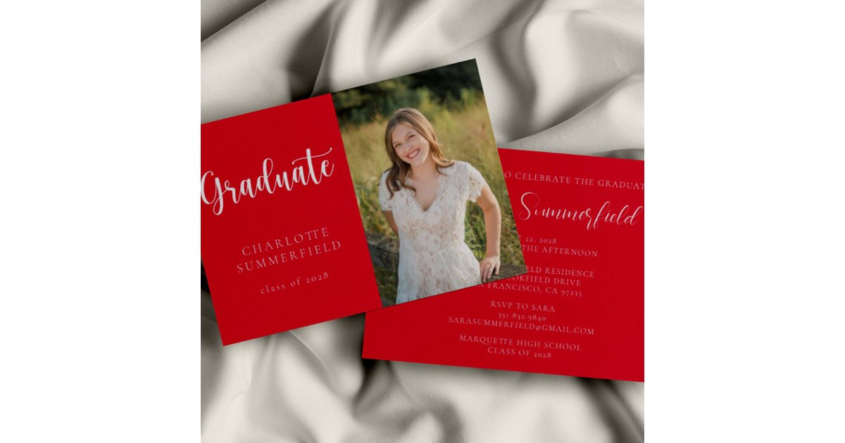 Elegant Script Red White Photo Graduation Invitation | Zazzle
