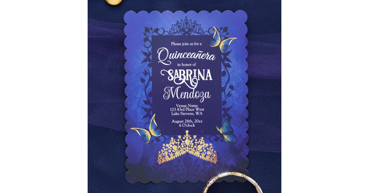 Elegant Script, Royal Blue Quinceanera, Gold Tiara Invitation | Zazzle
