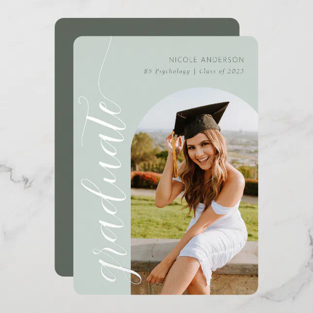 Elegant Script Sage Graduation Party Arch Photo Foil Invitation | Zazzle