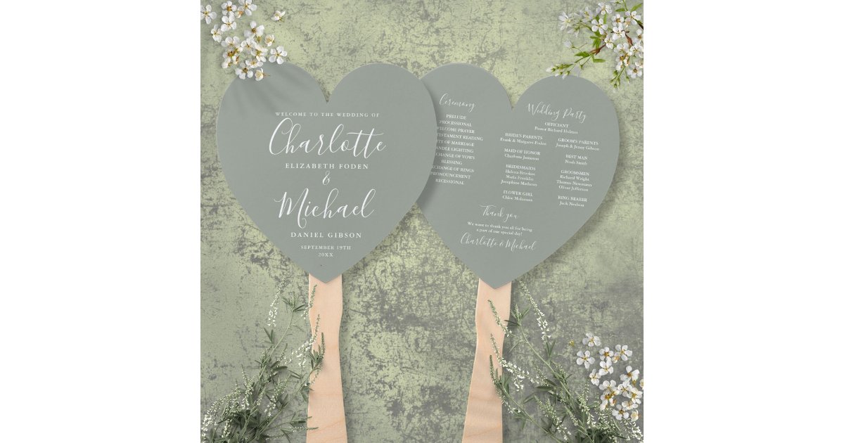 Elegant Script Sage Green Wedding Program Heart Hand Fan | Zazzle