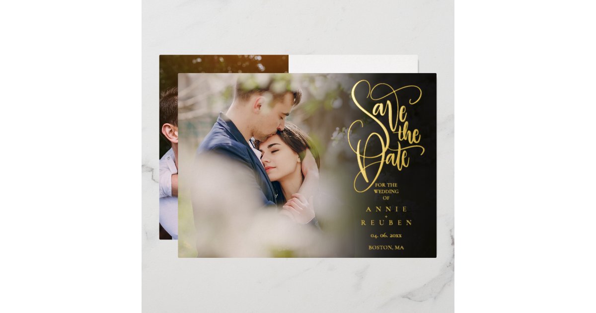 Elegant Script Save the Date 2 Photo QR Code Foil Invitation | Zazzle