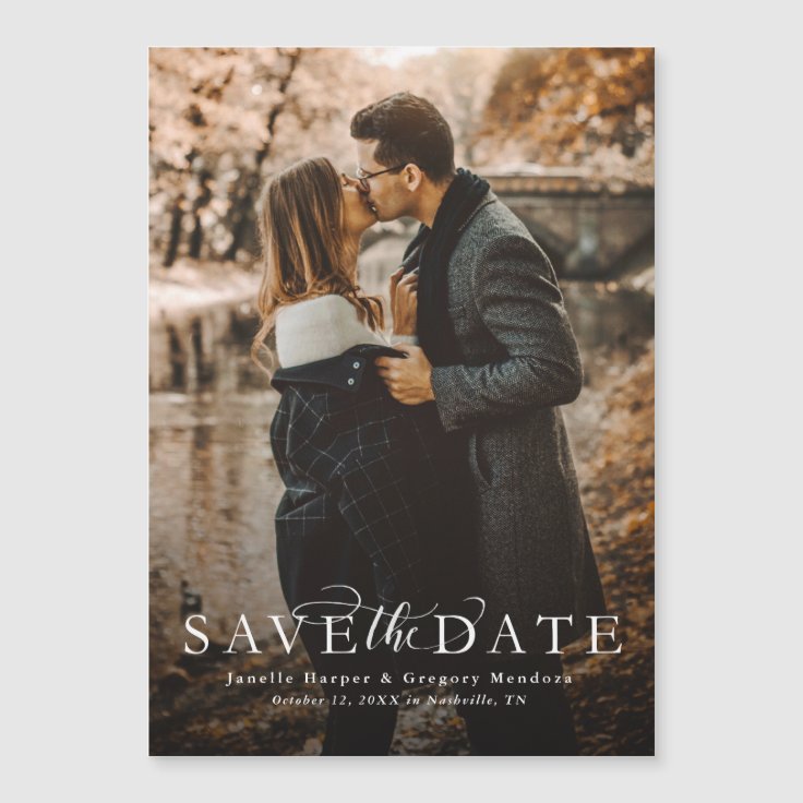 Elegant script save the date photo magnetic card | Zazzle