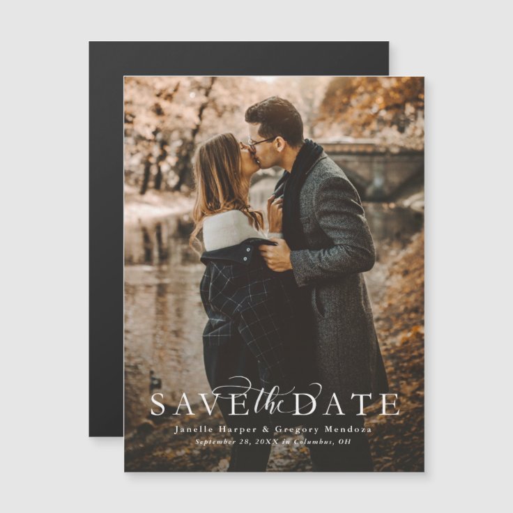 Elegant script save the date photo magnetic invitation | Zazzle