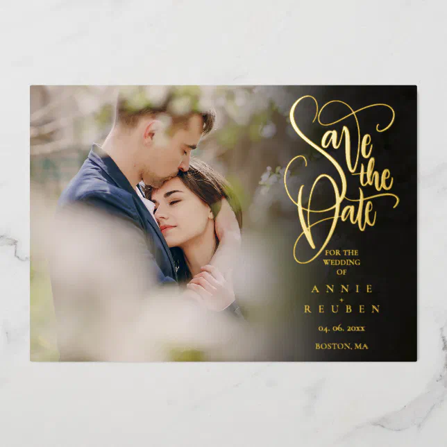 Elegant Script Save the Date Photo QR Code Foil Invitation | Zazzle