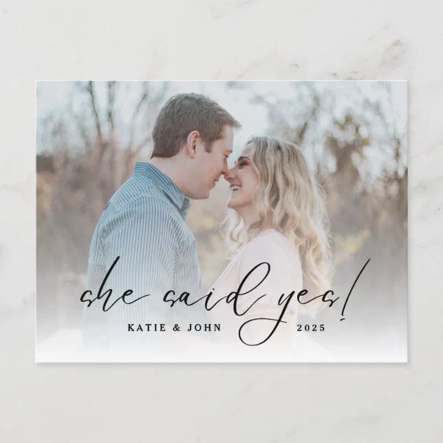 Elegant Script She Said Yes Photo Engagement Announcement Postcard | Zazzle