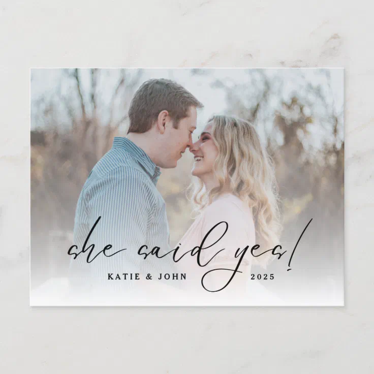 Elegant Script She Said Yes Photo Engagement Announcement Postcard | Zazzle