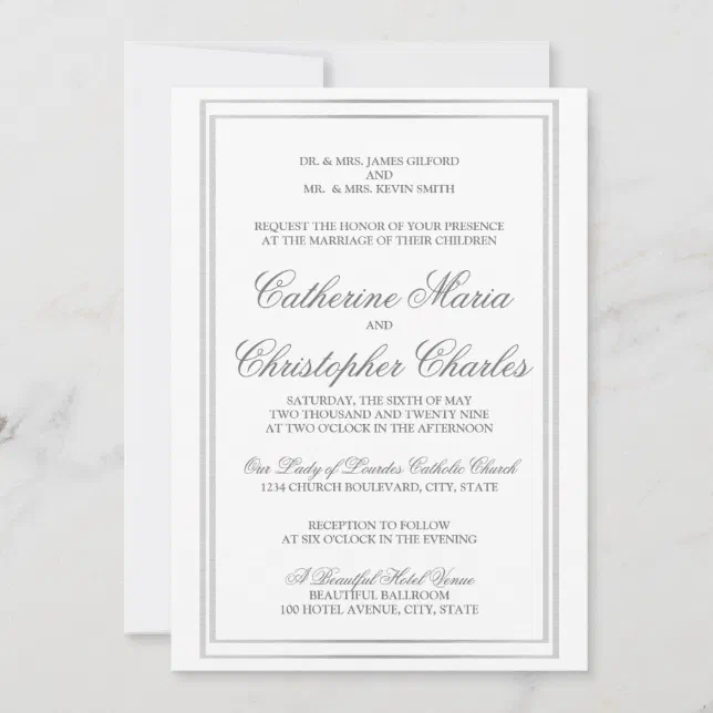 Elegant Script Silver Border Wedding Invite | Zazzle