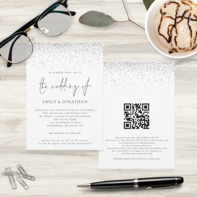 Elegant Script Silver Glitter QR Code Wedding Invi Invitation | Zazzle