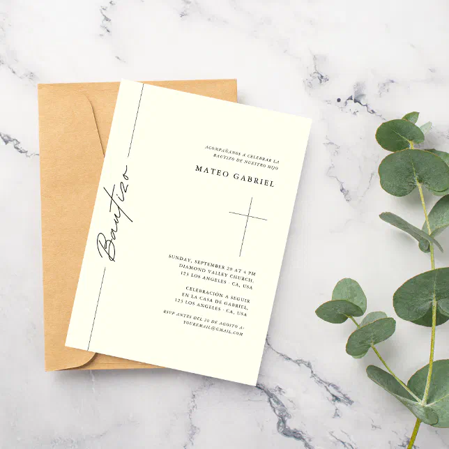 Elegant Script Spanish Baptism Ivory Bautizo Invitation | Zazzle
